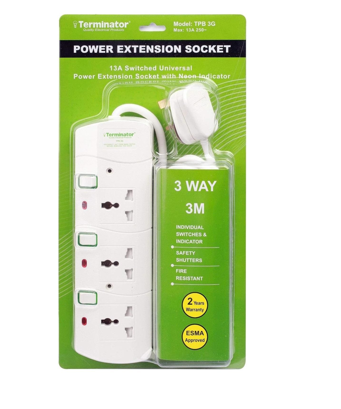 Terminator 3 Way Universal Power Extension Socket 13A 3Mtr TPB3G in ...